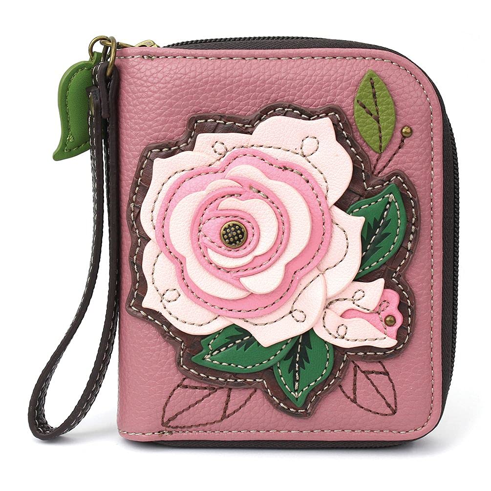 Chala Group Handbags Pink Rose Zip-Around Wallet - Wristlet, Brown, 5 inch x 6 inch x 1 inch