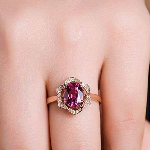 925 Silver Color Treasure Natural Rubellite Women's Ring Diamond Cluster Rings Rose Plated 18K Gold Flower Shape Ring Ruby Bridal Round Cut Cubic Zirconia Engagement Wedding Ring 583 (Red)
