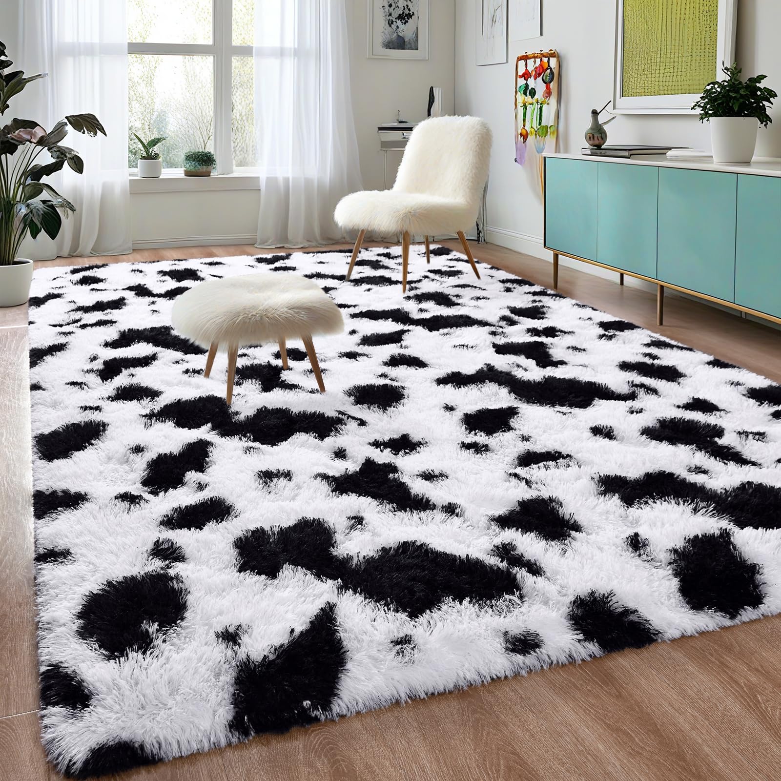 DweIke Super Soft Shaggy Rugs Fluffy Carpets, 3x5 Feet, Cow Print Rug for Living Room Bedroom, Fluffy Rug for Girls Kids Room, Shag Plush Rug for Teen Room Decor, Black-White