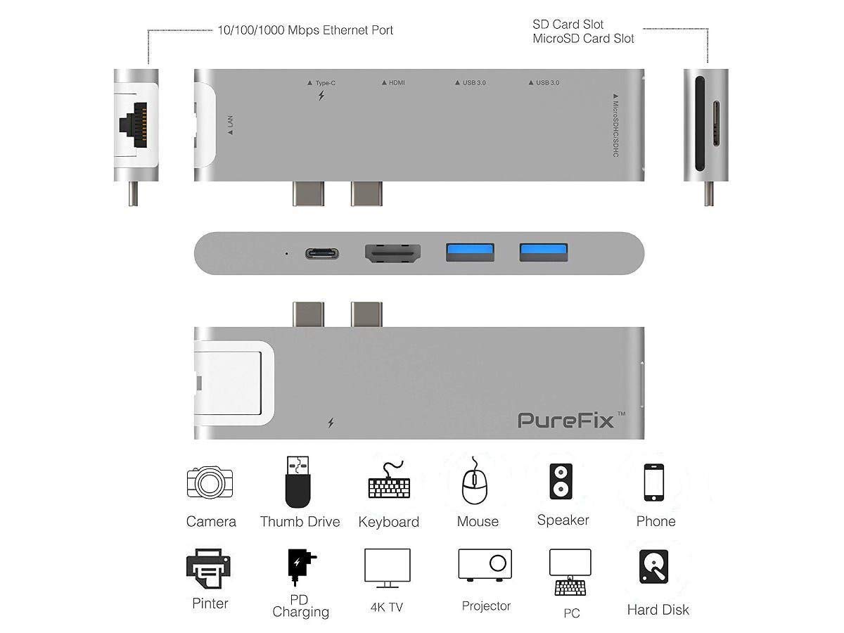 Purefix USB C Hub, 7-in-1 Dual Type-C Adapter - Silver for MacBook Pro 13 15 Gigabit Ethernet, Power Delivery, Thunderbolt 3, 4K HDMI, MicroSD/SD Card Reader