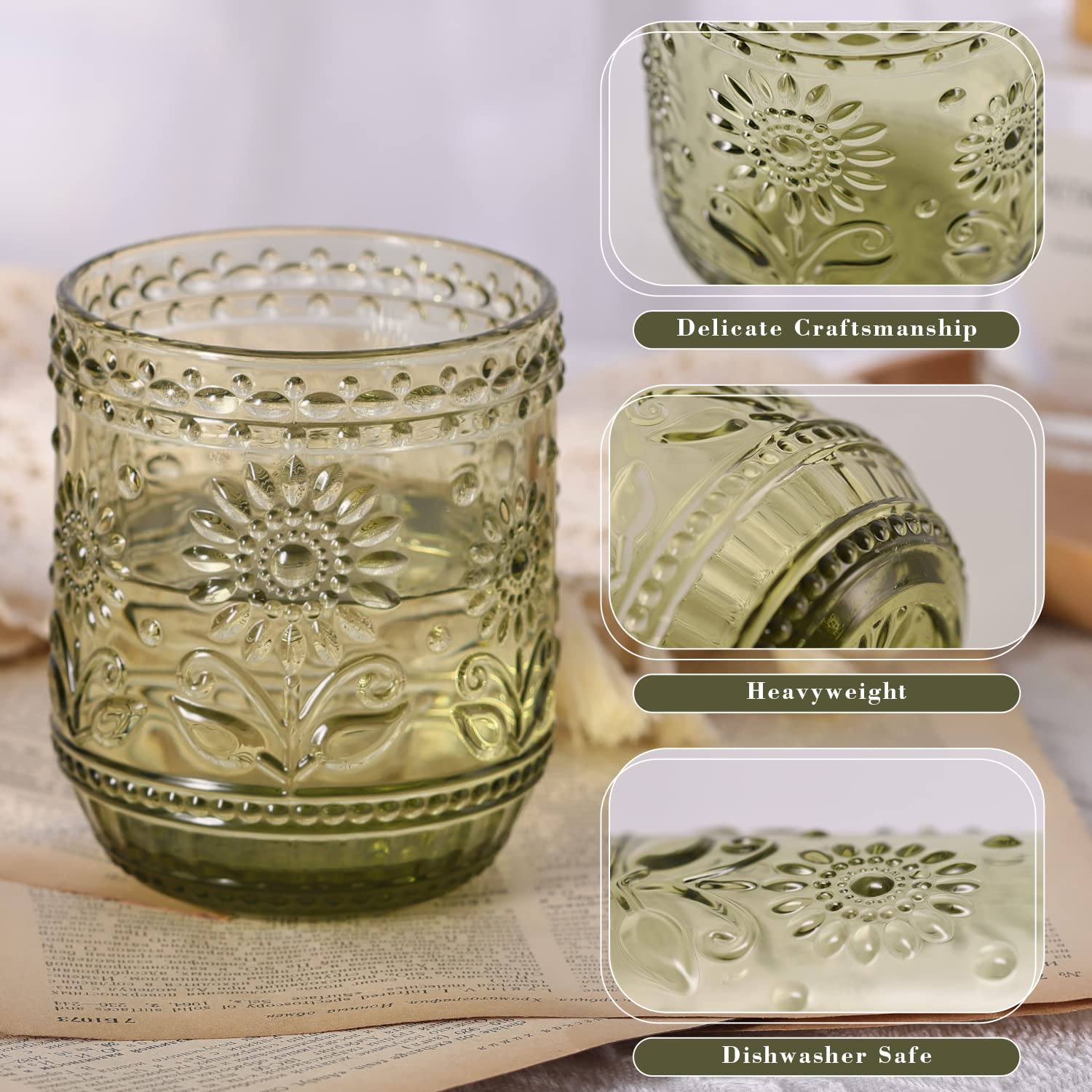 Airsky Set of 6 Olive Green Vintage Drinking Glassware- 12OZ Green Glass Drinking Cups, Thick Farmhouse Drinking Glasses, Embossed Kitchen Glassware for Soda Lemonade Cocktail Wine, Dishwasher Safe