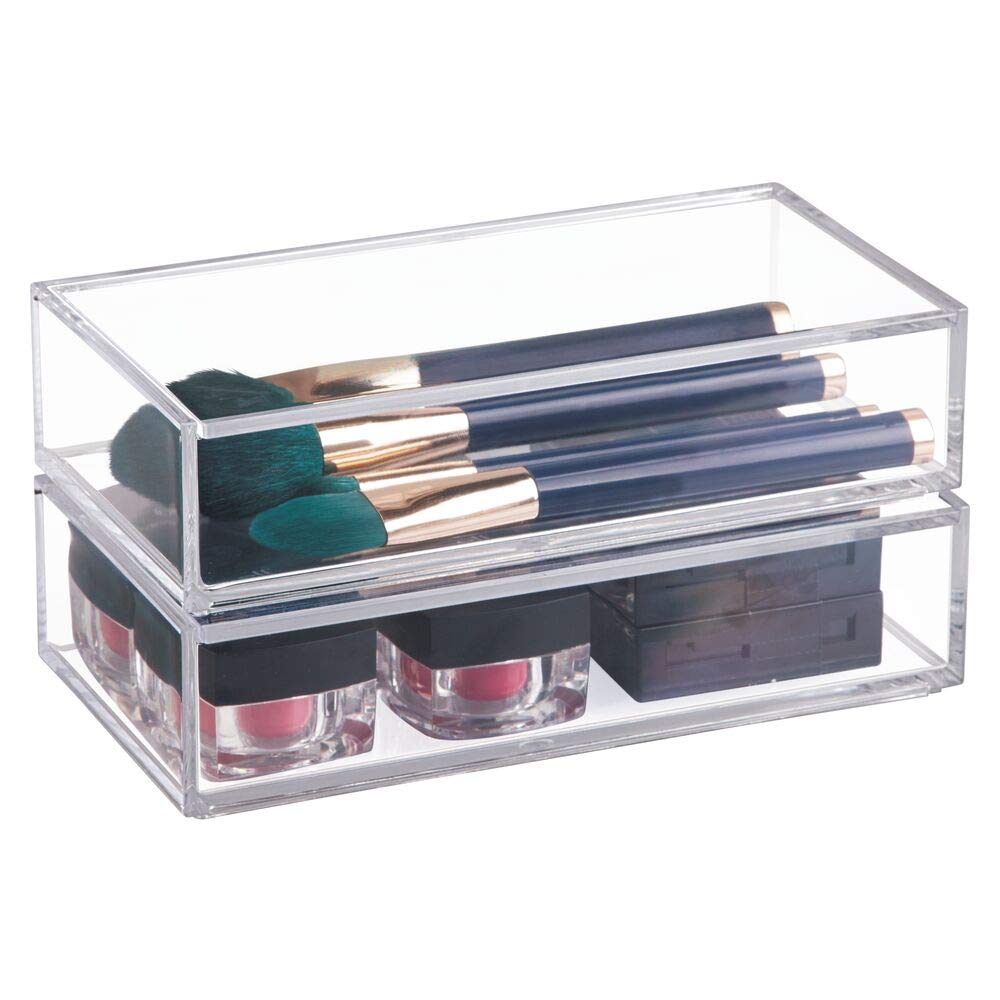 mDesign Small Makeup Organizer Box with Lid for Vanity Countertops, Cabinet - Store Makeup Brushes, Eye Shadow Palettes, Lipstick, Lip Gloss, Blush, Jewelry - Plastic, 2 Pack - Clear