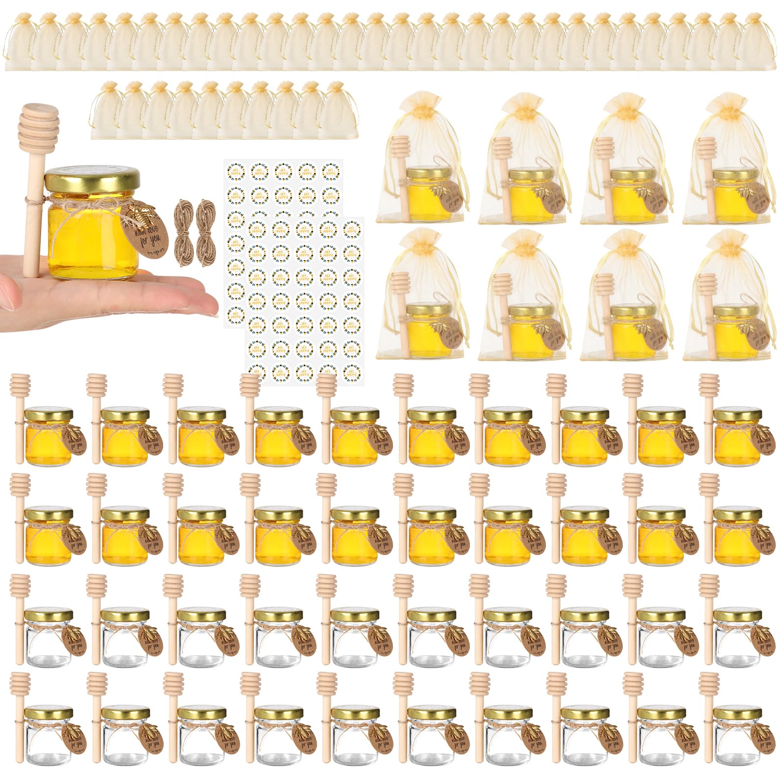 Alotpower 1.5oz Mini Honey Jars with Dipper 48Pack,45ml Round Mini Glass Jars with Lids/Wooden Dippers/Bee Pendants/Gift Bags/Tags/Twine String,Small Honey Jars for Wedding,Party Favor(Gold Lids)