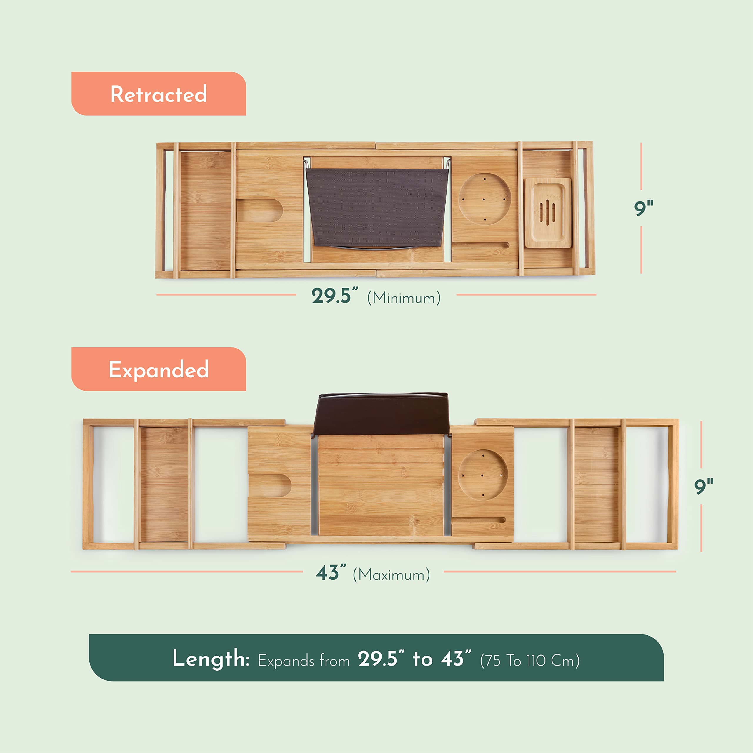 Luxurious Bamboo Bathtub Tray for Tub - Expandable Bath Tray for Bathtub Accessories, Seats One or Two People - Durable Bathtub Caddy Holds Tablet/Book, Phone, Wineglass