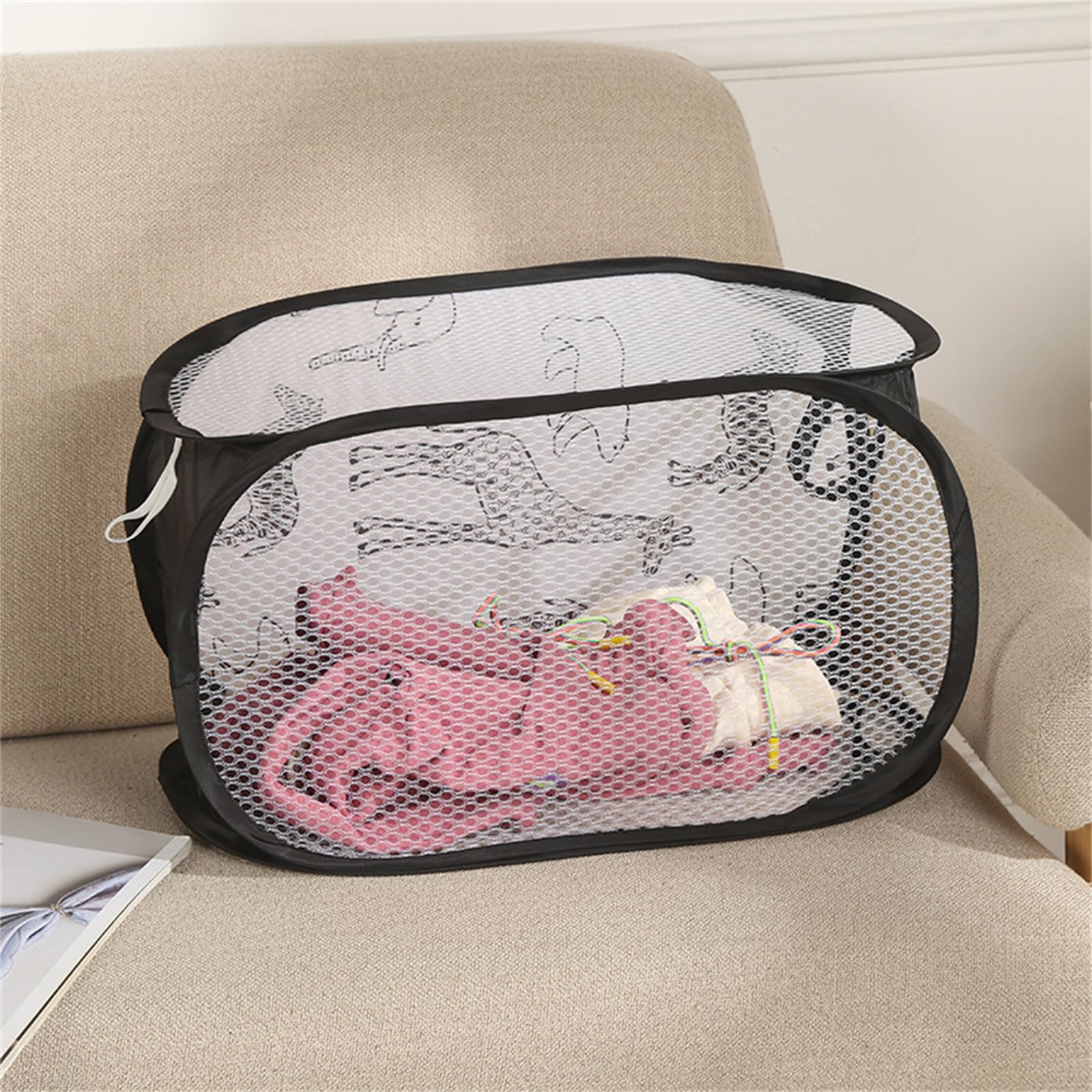ANTING PRODUCTS Mesh Laundry Hamper,Cartoon Print Pop up Hamper,Mesh Pop up Laundry Basket,Collapsible Pop up Hampers for Laundry,Kids,(Black)
