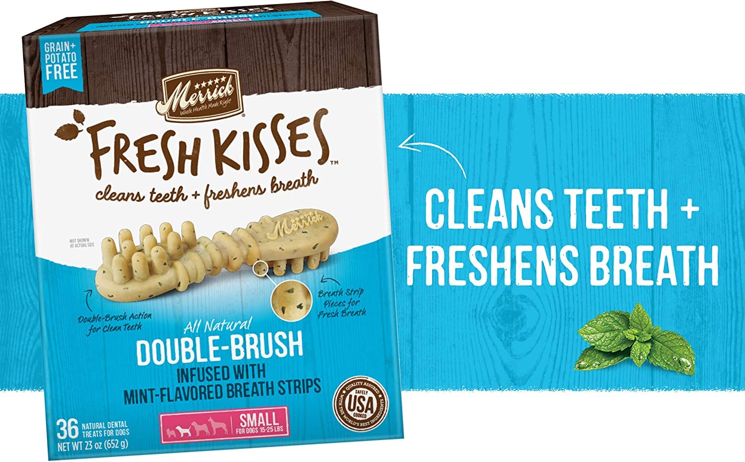 Aurora Pet Bundle Pack (2) Merrick Fresh Kisses Double-Brush Mint Breath Strip Infused Small Dental Dog Treats with AuroraPet Wipes