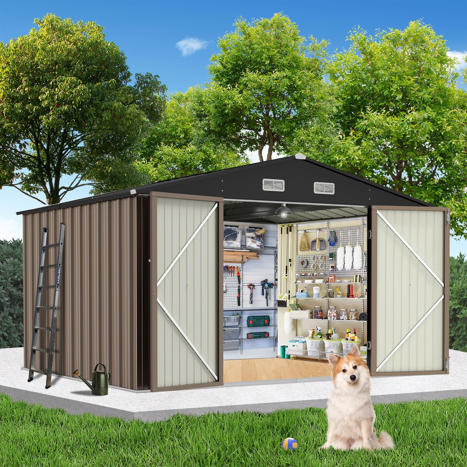 8.6'x10.4' Outdoor Storage Shed, Large Garden Shed, with Slooping Roof and 4 Vents. Updated Reinforced and Lockable Doors Frame Metal Storage Shed for Patiofor Backyard, Patio, Garage, Lawn,Brown