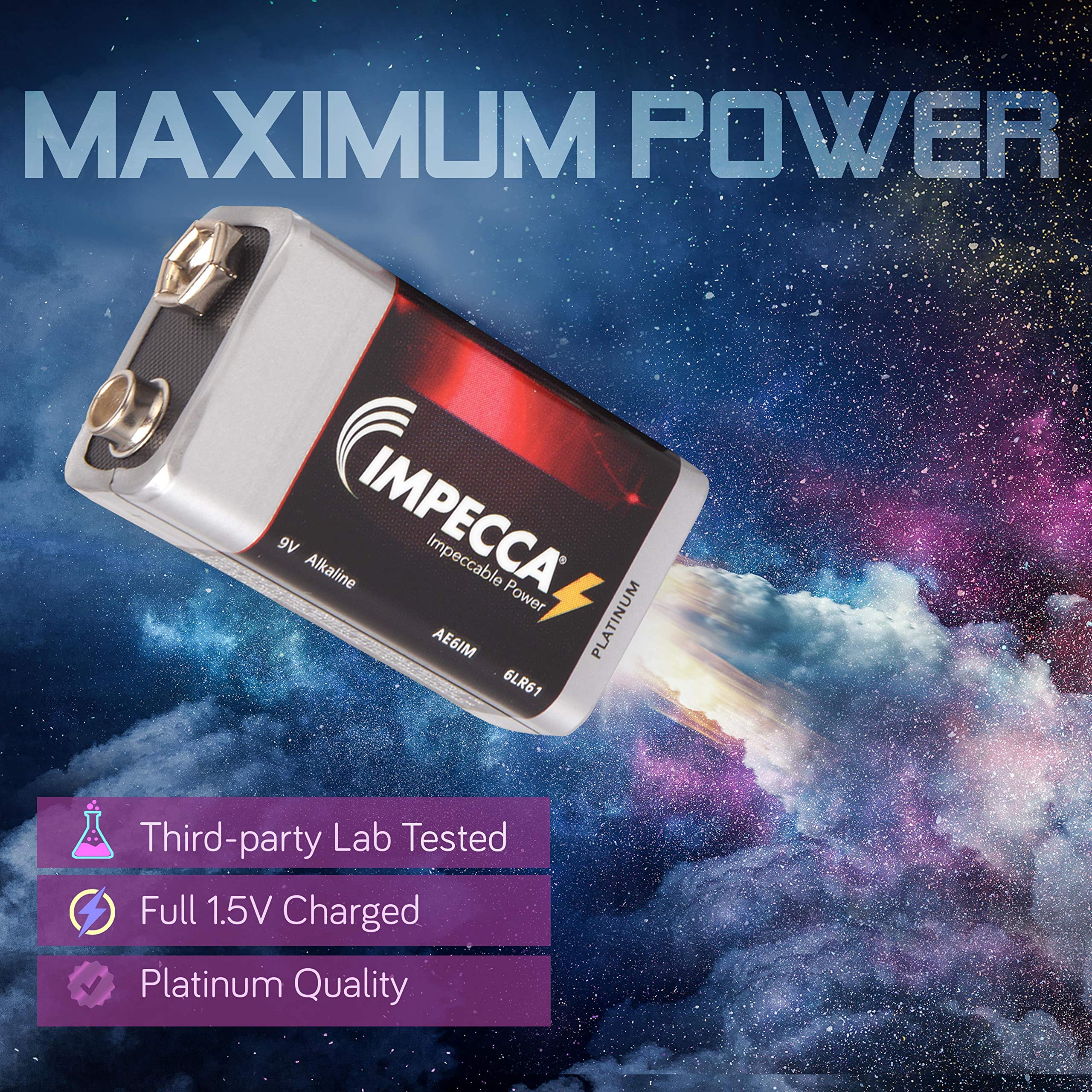 Impecca 9 Volt Batteries, Premium Alkaline (24-Pack) High Performance, Ultra Long Lasting, and Leak-Resistant All-Purpose 9V, 24 Count, 6LR61 - Platinum Series