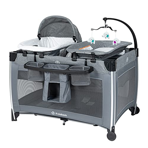 Fijinhom Baby Nursery Center Changing Table 3 in 1 Portable Crib Bedside Playard Foldable with Bassinet Diaper Table Toys Indoor