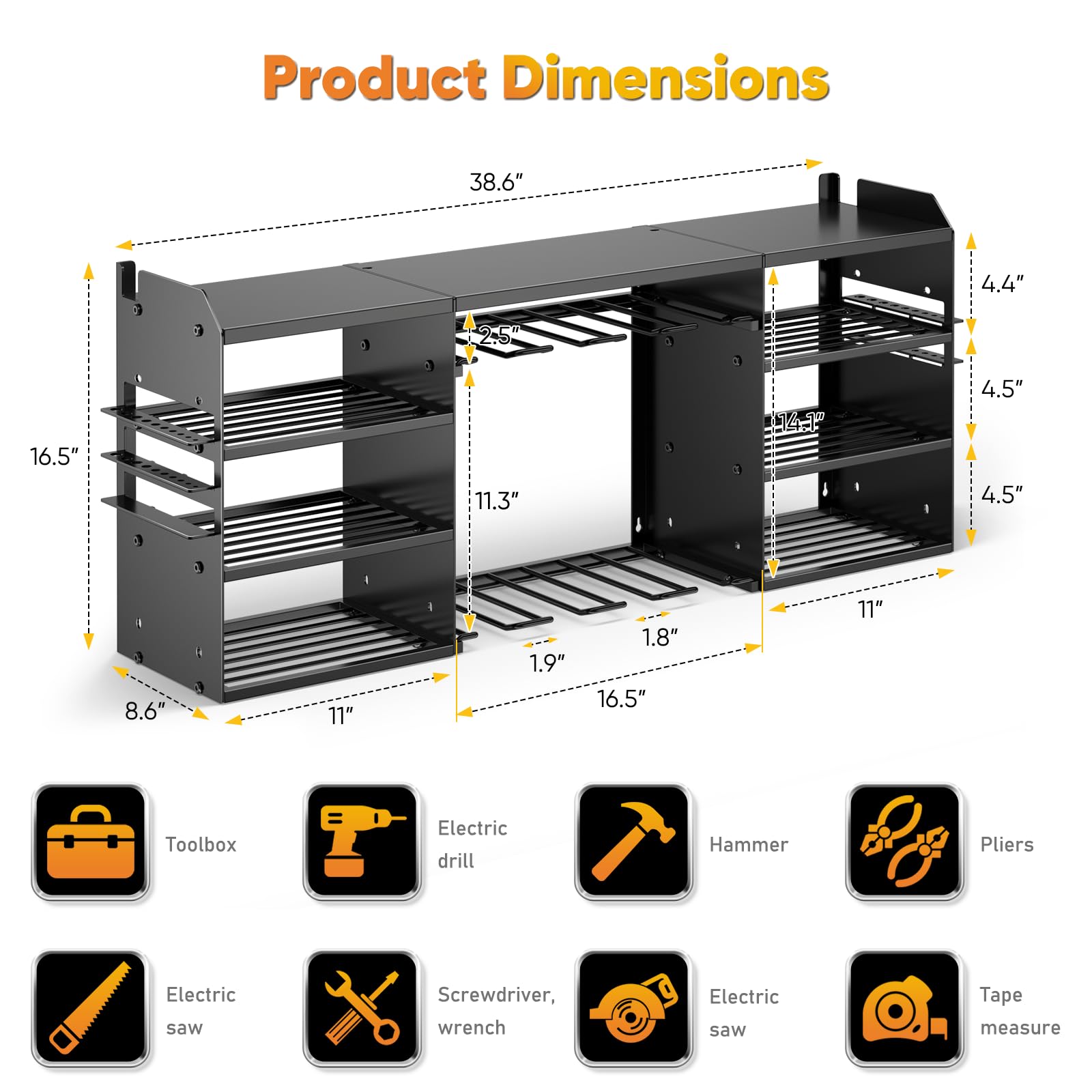 POKIPO Large Power Tool Organizer Wall Mount, 4 Layer Heavy Duty Drill Holder, Metal Cordless Drill Storage for 8 Drills, Black Utility Racks for Garage and Workbench
