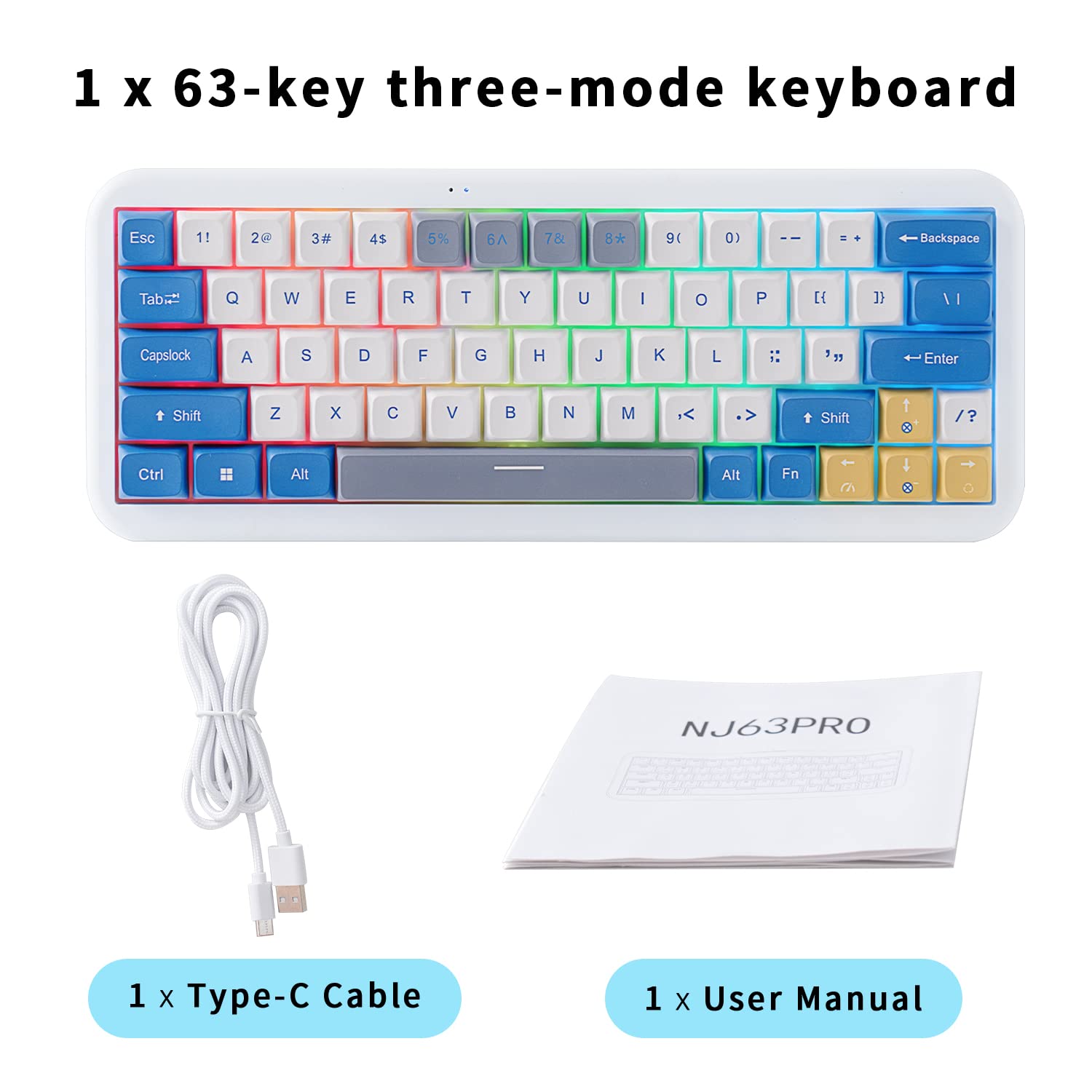 60% RGB Luminous Mechanical Keyboard, PBT Dye Sublimation Keycaps, 63-key Hot Swappable 3-pin/5-pin Switch, Programmable Tri-Mode Bluetooth 5.0/USB-C Wired/2.4GHz Wireless DIY Mechanical Keyboard