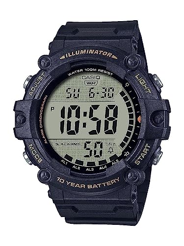 Casio Illuminator Extra Long Strap 10-Year Battery 100 M Water Resistant 5-Alarm w/Countdown Timer Men's Digital Watch, Black, AE-1500WHX-1AVCF