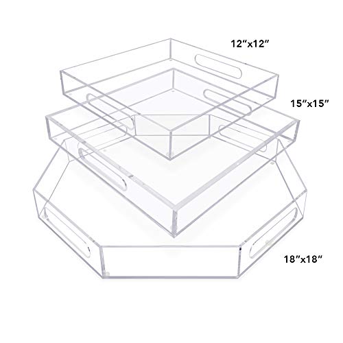 Isaac Jacobs Clear Acrylic Serving Tray (15x15) with Cutout Handles, Spill-Proof, Stackable Organizer, Space-Saver, Food & Drinks Server, Indoors/Outdoors, Lucite Storage Décor & More