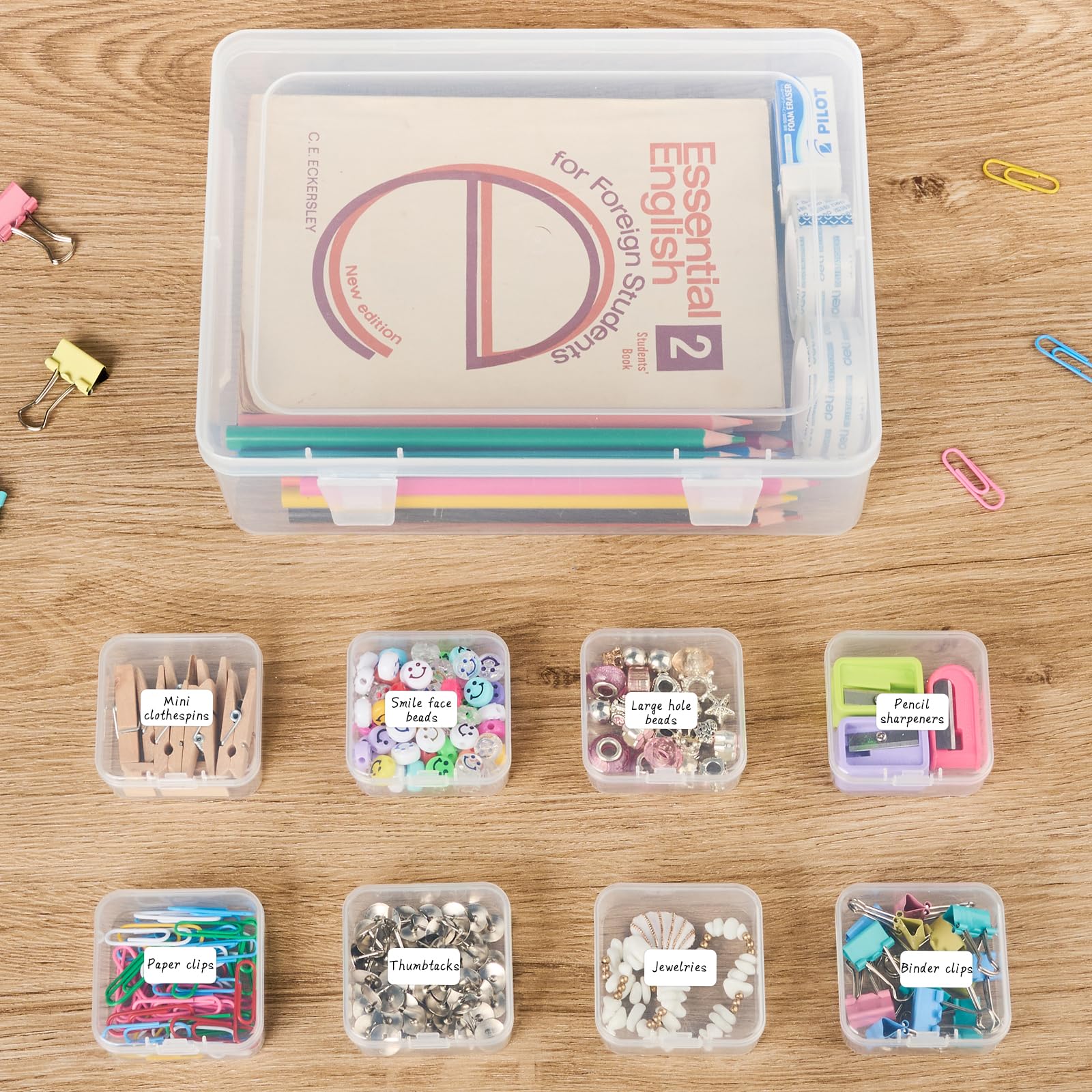 Mauproy Bead Organizer Box, 31 Pcs Small Clear Plastic Bead Storage Cases, Mini Rectangle Storage Containers with Hinged Lids and Labels for DIY Art Craft Jewelry Bracelet Making