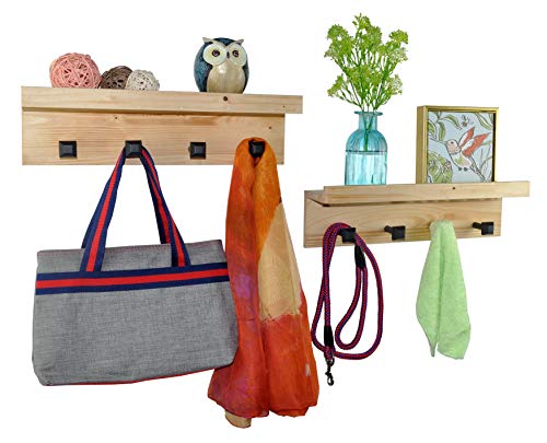 Spiretro Coat Rack with Shelf, Wall Floating Shelves with Peg Hooks, Organize, Storage, Decorative for Entryway, Mudroom, Kitchen, Bathroom, Set of 2, Rustic Pine Wood Natural Beige