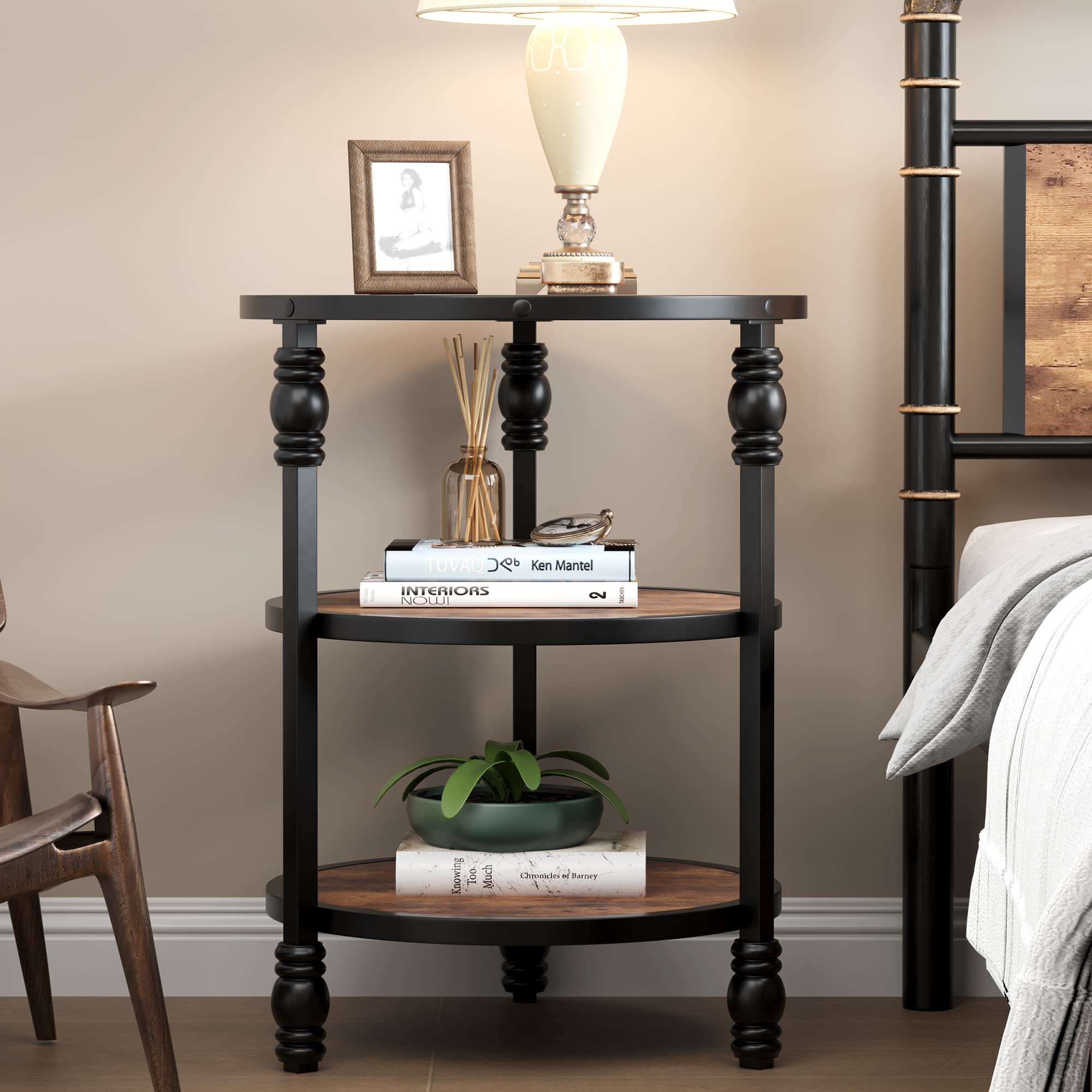 Amyove Round Side Table, 3-Tier End Table Living Room Accent Table with Storage Shelf and Metal Industrial Wood Bed Side Table/Night Stand for Bedroom, Small Spaces, Rustic Brown