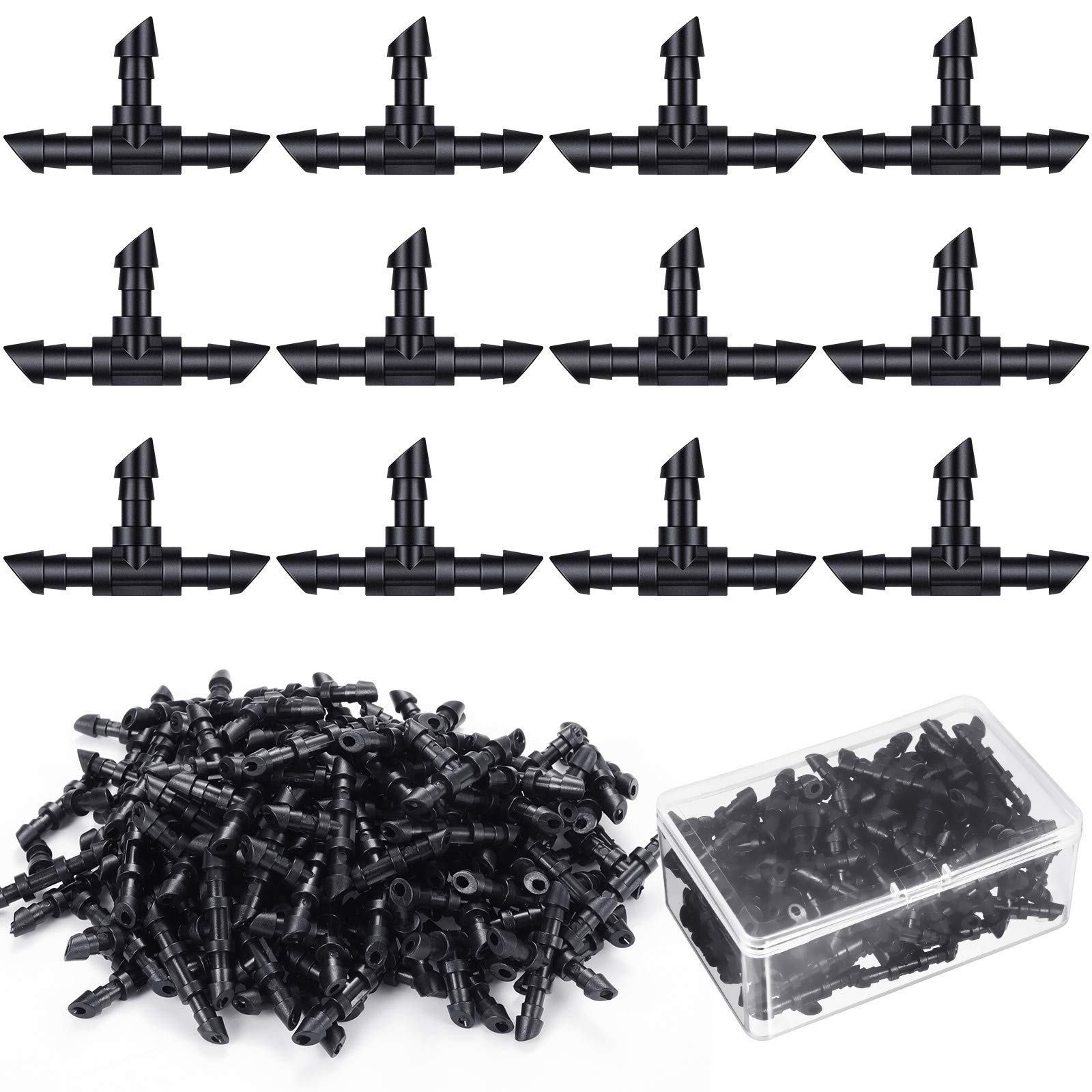 Zonon 100 Pieces Barbed Connectors Drip Irrigation 1/4 Inch Universal Barbed Tee Fittings Barbed Connectors for Garden Lawn Drip or Sprinkler Systems, Black