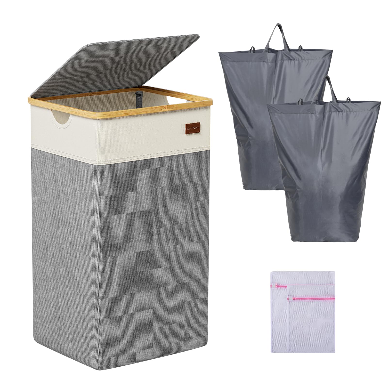 OIAHOMY Laundry Hamper With Lid, 100L Collapsible Laundry Basket With 2 Removable Inner Bags, Clothes Hamper With Bamboo Handles, Large Foldable Laundry Hamper, Dirty Clothes Hamper for Bedroom (Grey)
