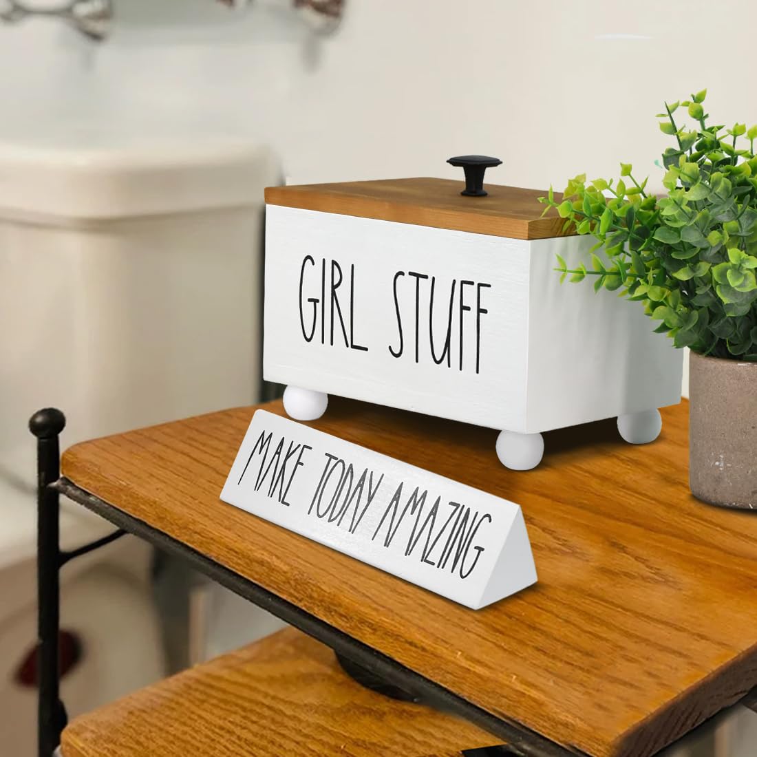 Tampon Holder for Bathroom, Tampon and Pad Holder Organizer with Lid, Tampon and Pad Storage Container with Decorative Bathroom Wooden Sign for Bathroom Accessories,Feminine Products Caddy (White 2)