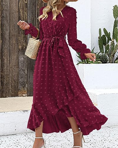 BTFBM Women's Boho Wrap Maxi Dress Summer Fall V Neck Swiss Dot Long Sleeve Flowy Slit Wedding Party Cocktail Dresses(Swiss Dot Wine Red, Small)