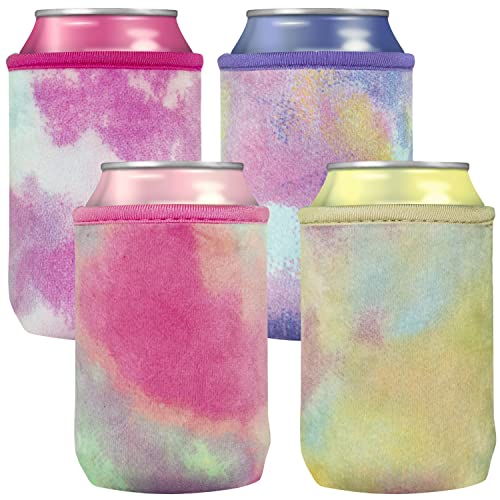 BAGnoREGio 4-Pack Tie Dye Faux Fur Neoprene 12oz Beer Can Cooler Sleeves, Fuzzy Plush Velvet Soda Can Koozies (Rainbow Multi color)