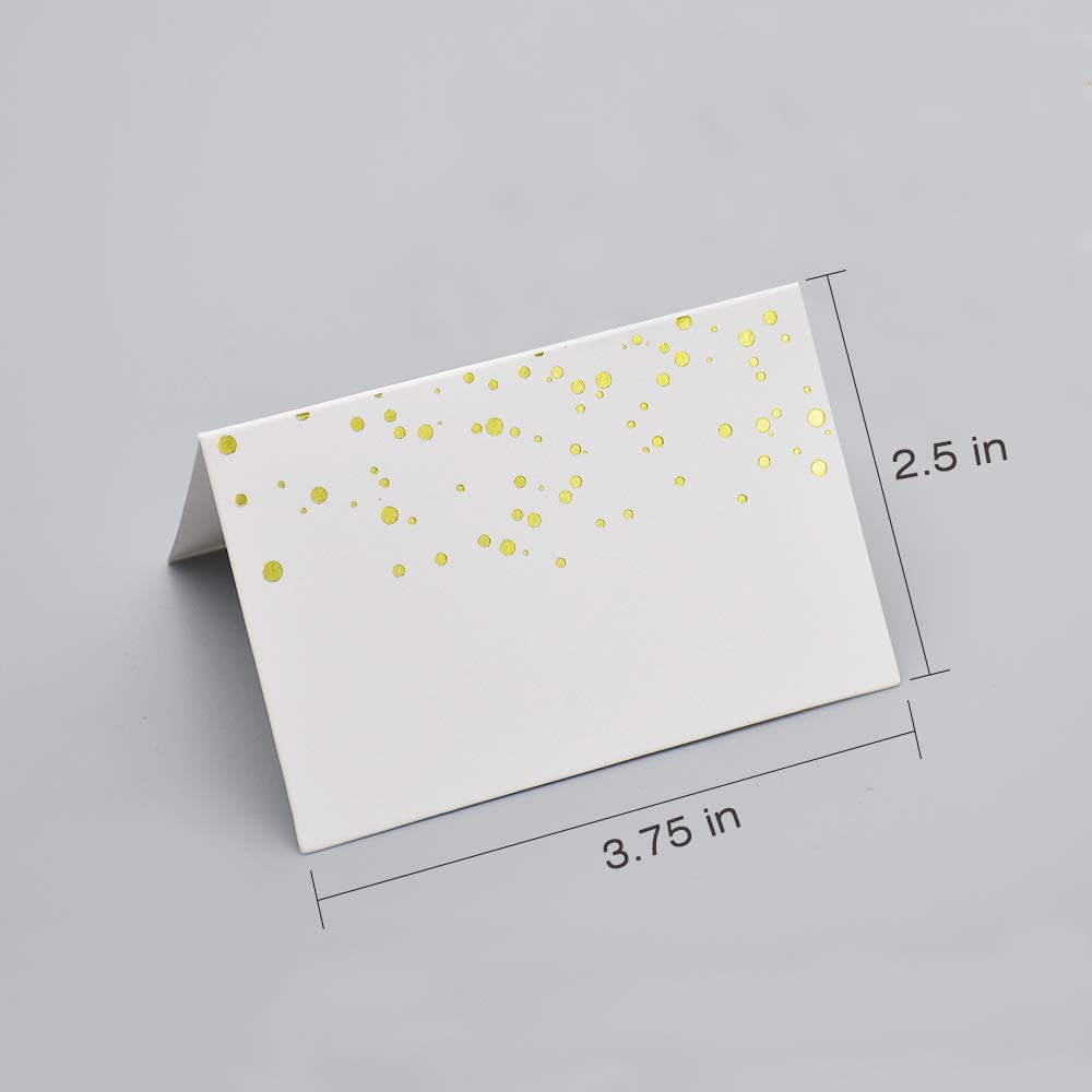 AZAZA 50 Pcs Place Cards with Gold Foil Dots - Textured Table Tent Cards Seating Place Cards for Weddings Banquets Dinner Parties 2.5" x 3.75" (Dots - Gold)