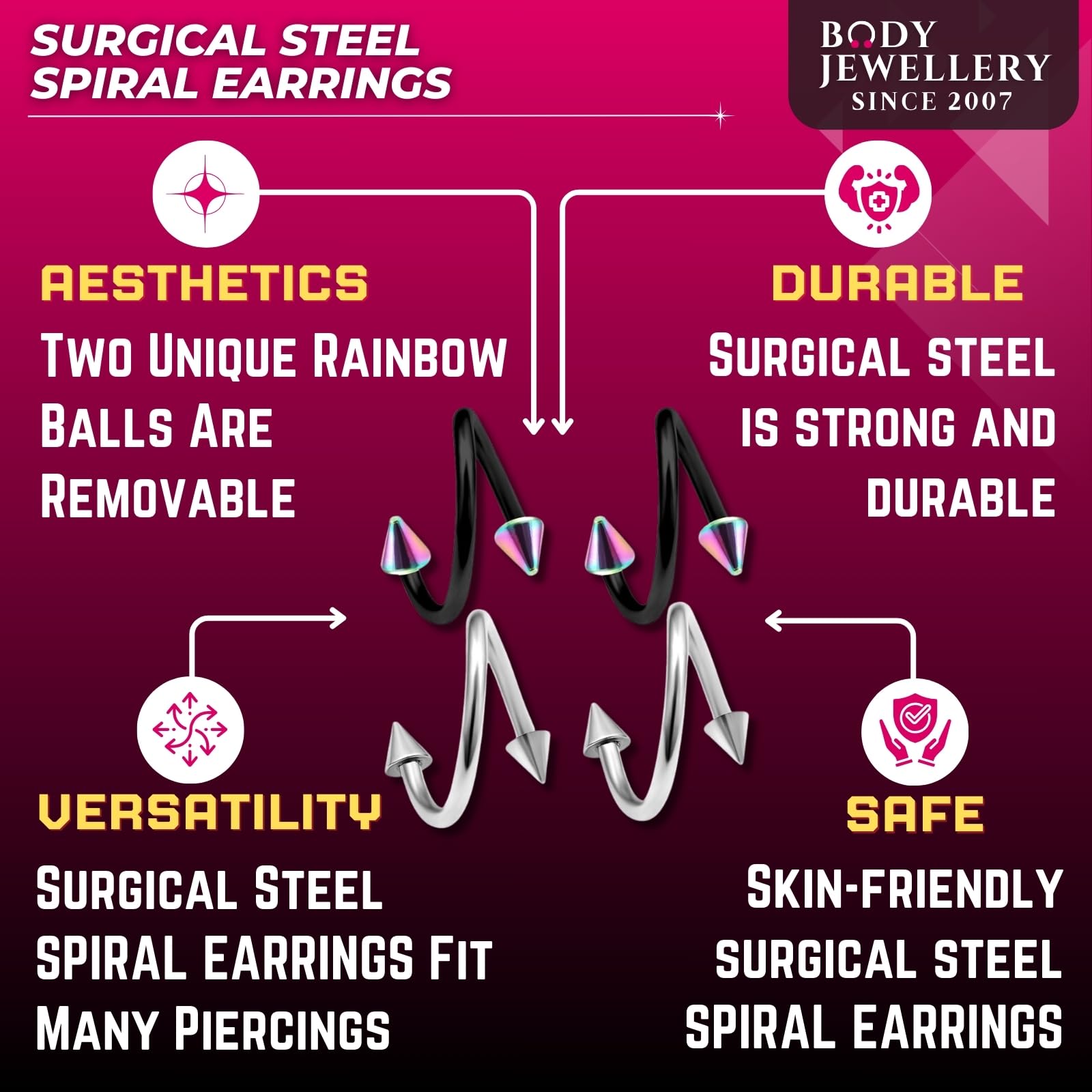 4pcs 16g Spiral Piercing Cartilage Earring Lip Tragus Eyebrow Hoop Helix Twisted Bar Surgical Steel Studs - 10mm