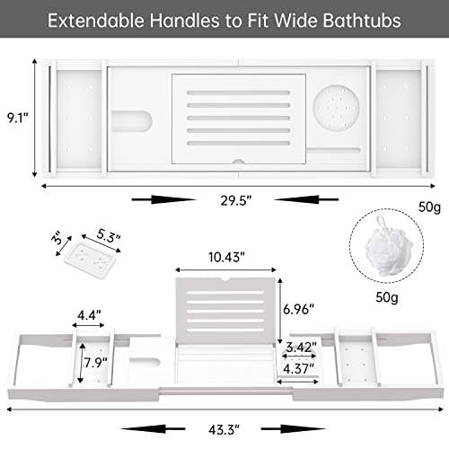 Bamboo Bathtub Tray Bath Tub Caddy with Expandable Handles Wine Glass Phone Holder Book Stand for Bathroom White