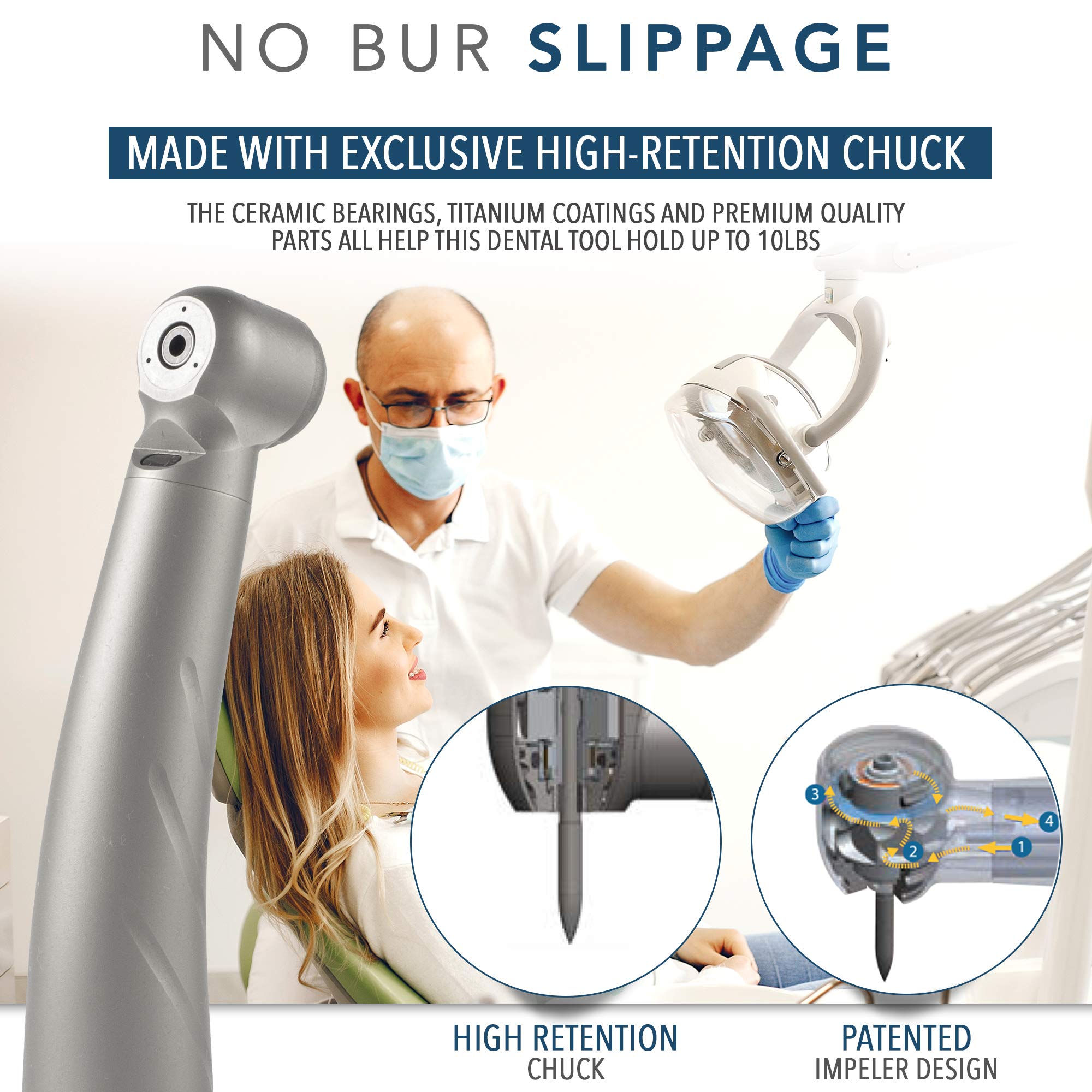 Medidenta Turbo Torque 1200 Mini Head – High-Speed Dental Handpiece, Air Free with Less Vibration for Painless Procedures, 20 Watts of Constant Cutting Power