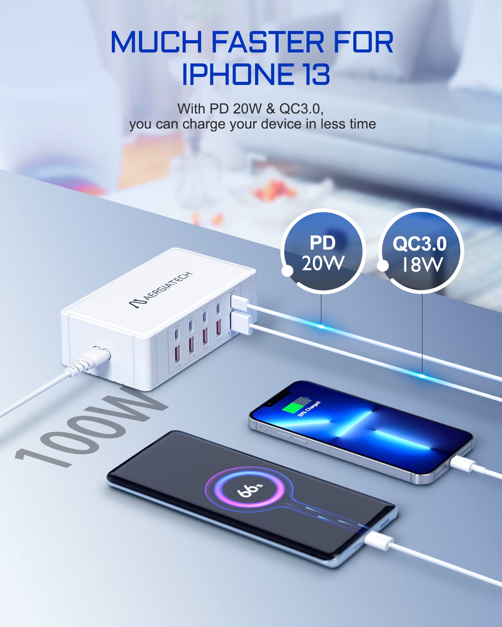 Aergiatech USB C Charger Station, 10-Port 100W Charging Hub with PD3.0 and QC3.0 Fast Charging for Multiple Devices, Compatible with iPhone 15/Pro/14/13, iPad Air/Pro, Galaxy -White