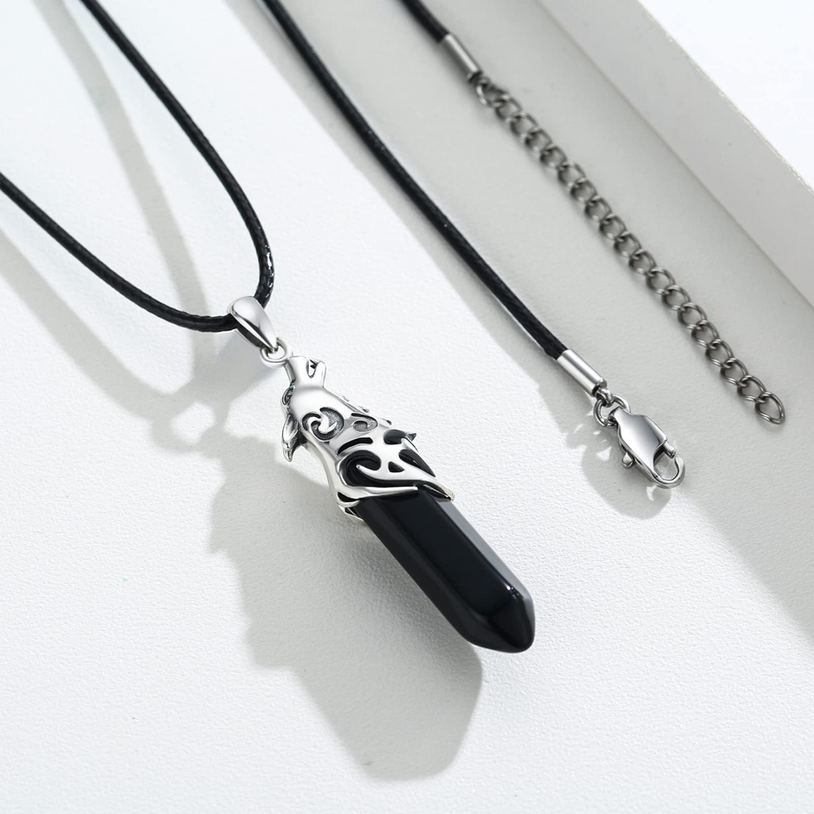 CUOKA MIRACLE Wolf Necklace Crystal Wolf Pendant 925 Sterling Silver Wolf Head Jewelry Wolf Gift for Women Men Wolf Necklace for Men (Black)