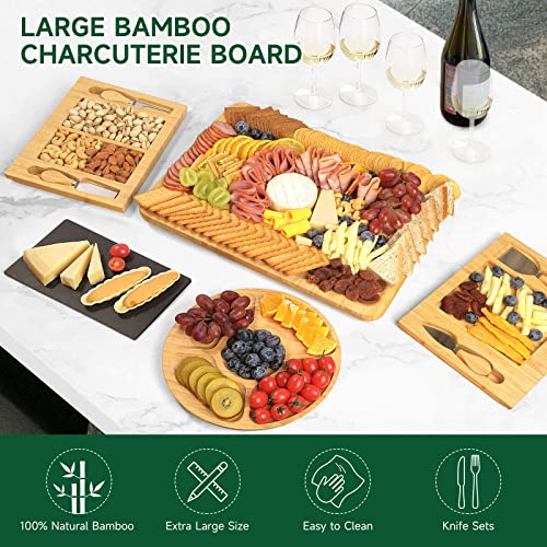 Bamboo Cheese Board Set with Marble, Large Charcuterie Boards and Knife Set, Cheese Platter with 2 Drawers, Include Round Fruit Cheese Platter, Meat and Cheese Cutting Board Housewarming Gift