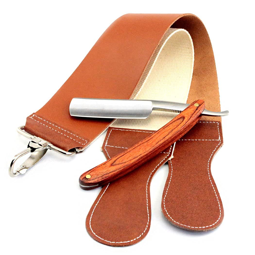 Grandslam Pro Natural Wooden Handle 420 Stainless Steel Straight Razor with Premium Leather Strop,Straight Razor Shaving Kit for Men,2 Layers Leather Canvas Strop Sharpening Strop Brown
