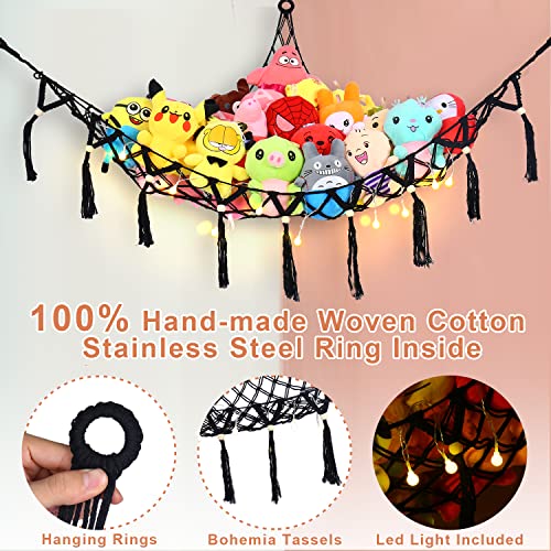 KoHuiJoo Stuffed Animal Net Hammock Macrame Boho Plush Toy Net Hammock for Stuffed Animals with Lights Stuffed Animals Corner Hanging Stuffed Animal Storage Net for Kids Bedroom Black