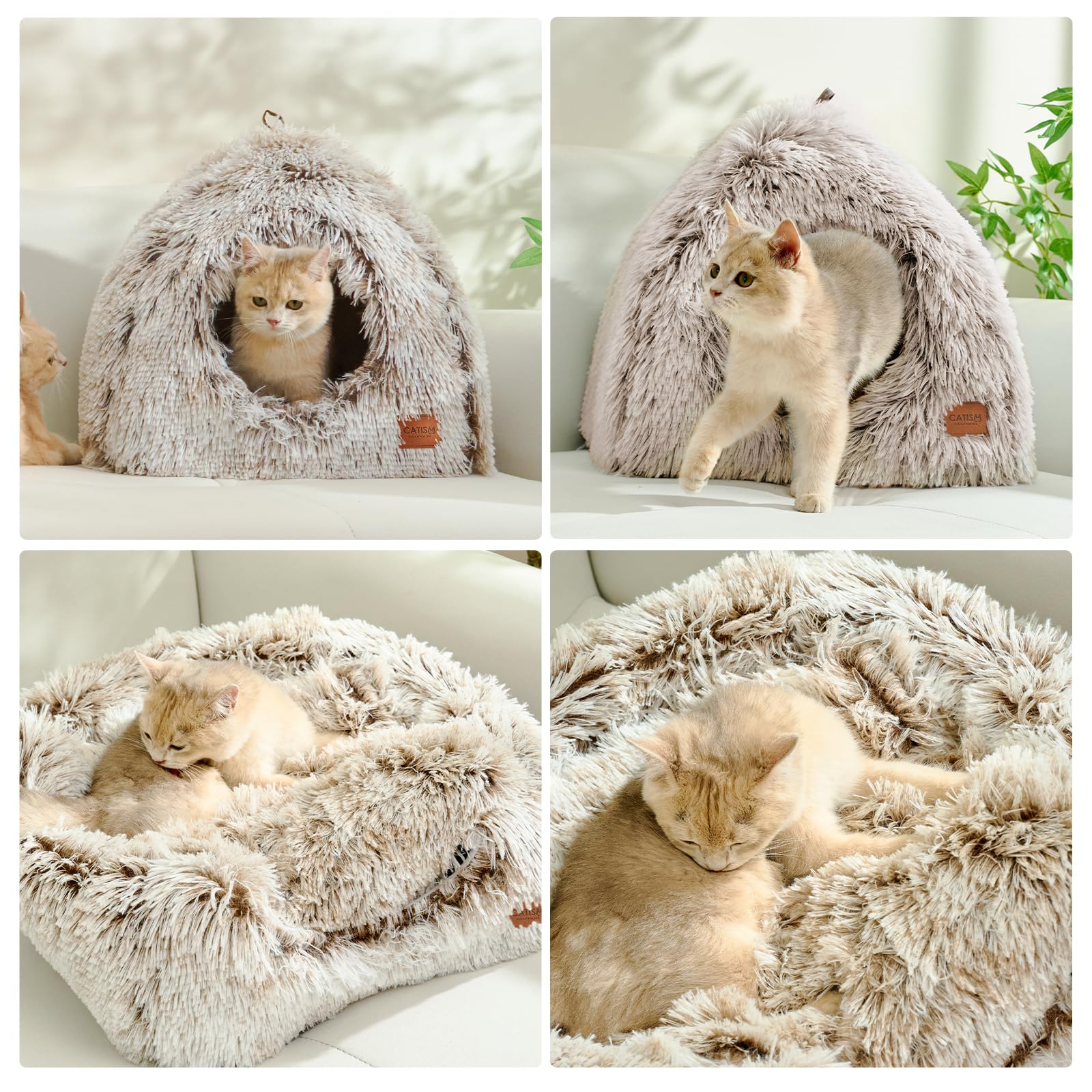CATISM Cat Bed, Cat Cave for Indoor Cats, Soft Cat Dome, Self-Warming 2 in 1 Foldable Pet Cat House with Washable Cushioned Pillow Calming Fluffy Dog Beds for Small Dogs with Anti-Slip Bottom Brown