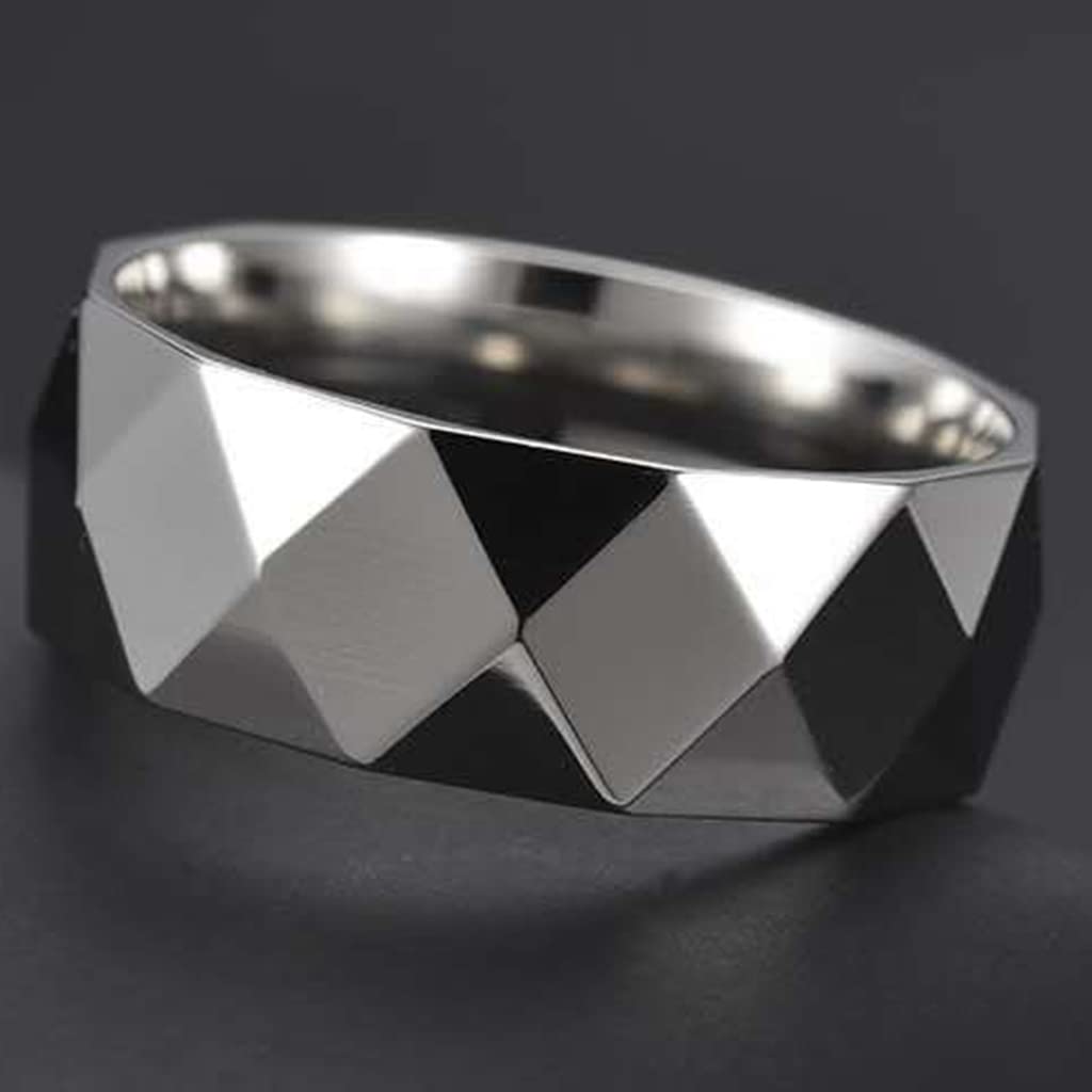 8mm High Polished Stainless Steel Faced Cut Classic Simple Plain Wedding Band Anniversary Statement Promise Ring (Silver, 10)