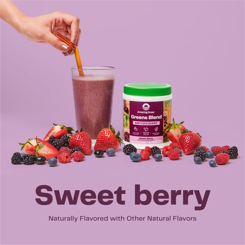 Amazing Grass Greens Blend Antioxidant: Super Greens Powder Smoothie Mix with Organic Spirulina, Beet Root Powder, Elderberry & Probiotics, Sweet Berry, 60 Servings (Packaging May Vary)