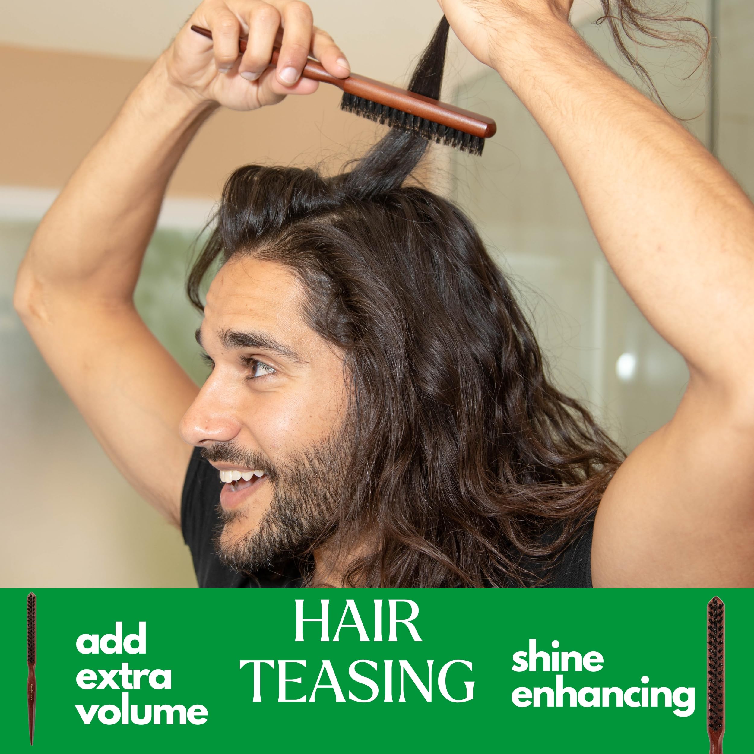 GranNaturals Teasing Boar Bristle Hair Brush for Women - Slick Back Comb with Rat Tail Pick for Hair Sectioning Used for Edge Control, Backcombing, Smoothing, and Styling Fine Hair to Create Volume