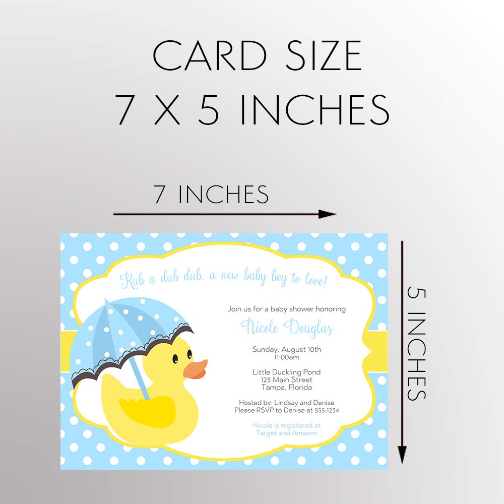 Rubber Ducky Baby Shower Invitations Duck Theme Customizable Invitations For Boy Polka Dots Blue Yellow Sprinkle Personalized (12 Count)