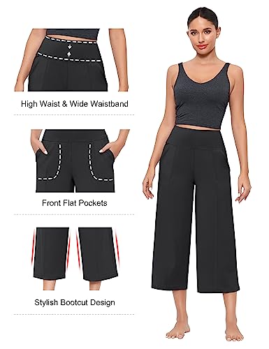 BUBBLELIME Women's Bootleg Yoga Capris Pants High Waist Workout Flare Crop with Pockets - Black_Medium