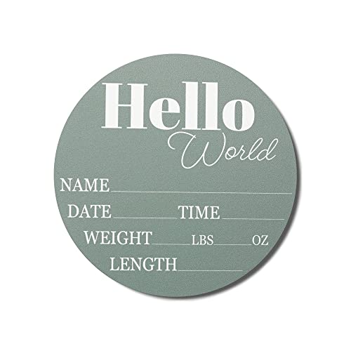 Hickory Hollow Designs - Baby Announcement Sign for Newborn Boys and Girls (Color Bases) - Hello World Nursery Decor Sign & Photo Prop for Babies Made of Birch Wood - 6" Circle Board (Sage)