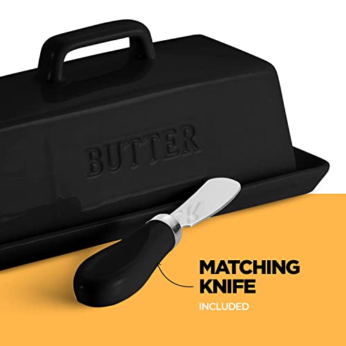 Ceramic Butter Dish Set with Lid and Knife - [Black]- Decorative Butter Stick Holder with Handle for 1 Stick of Butter - Microwave Safe, Dishwasher Safe - Anti-Scratch Stickers Included.