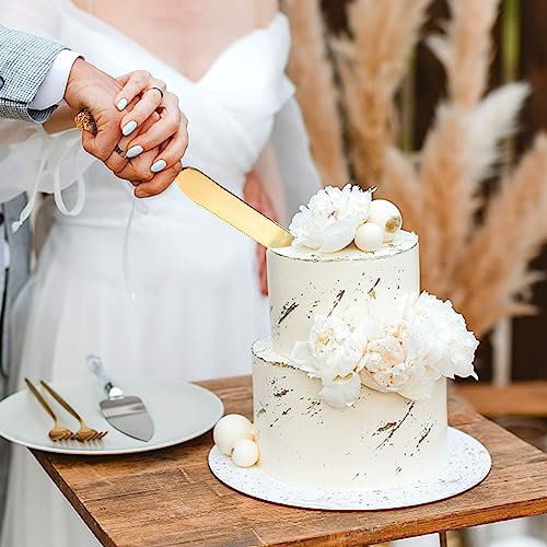 Dicunoy 2 PCS Gold Cake Knife and Server Set, Wedding Cake Cutting Utensils, Vintage Engraved Cake Cutter and Serving Spatula for Birthday, Party, Anniversary