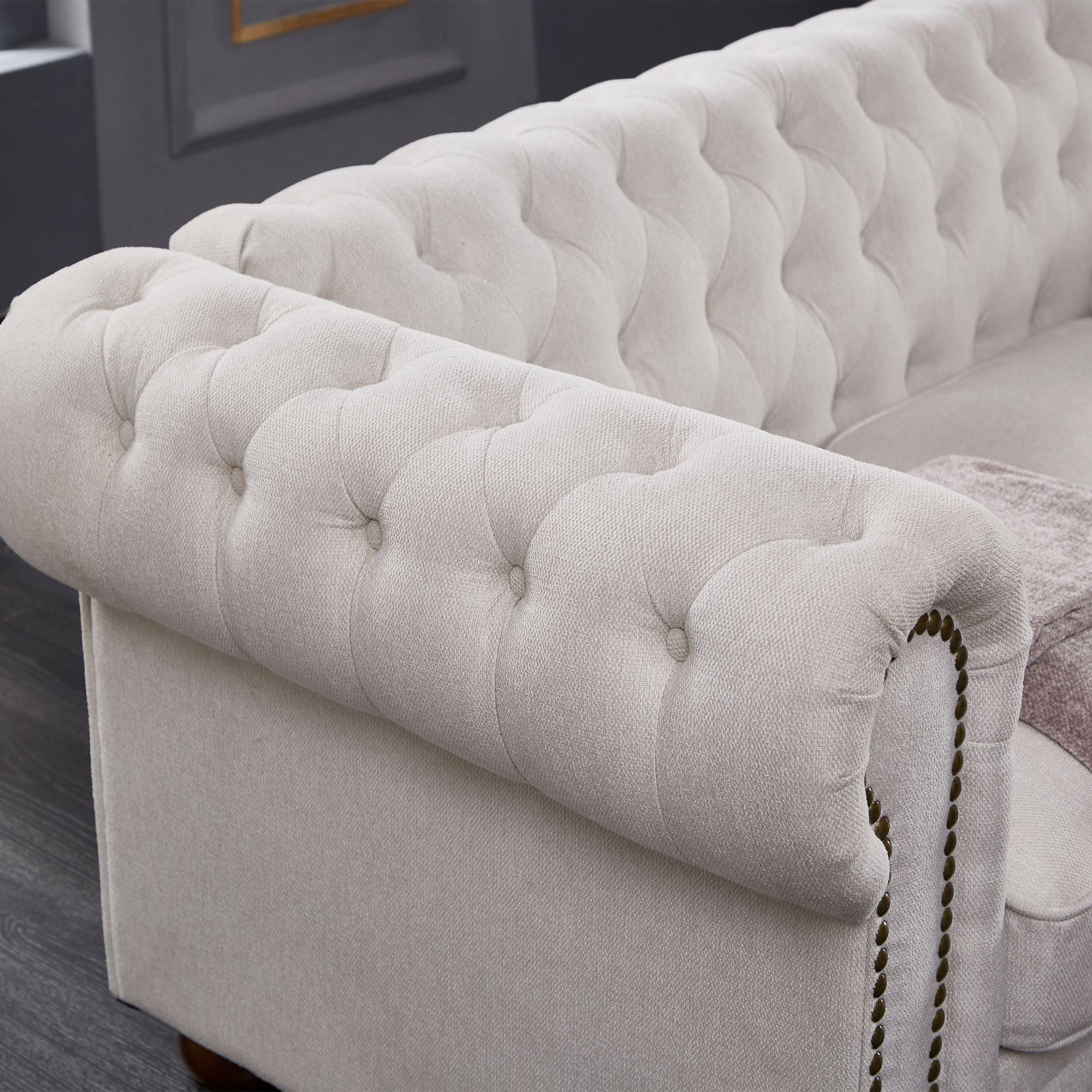 LUMISOL 3 Seater Couch for Living Room, Modern Upholstered Tufted Couch with Nailhead Trim & Wood Legs, Chesterfield Sofa with Rolled Arms