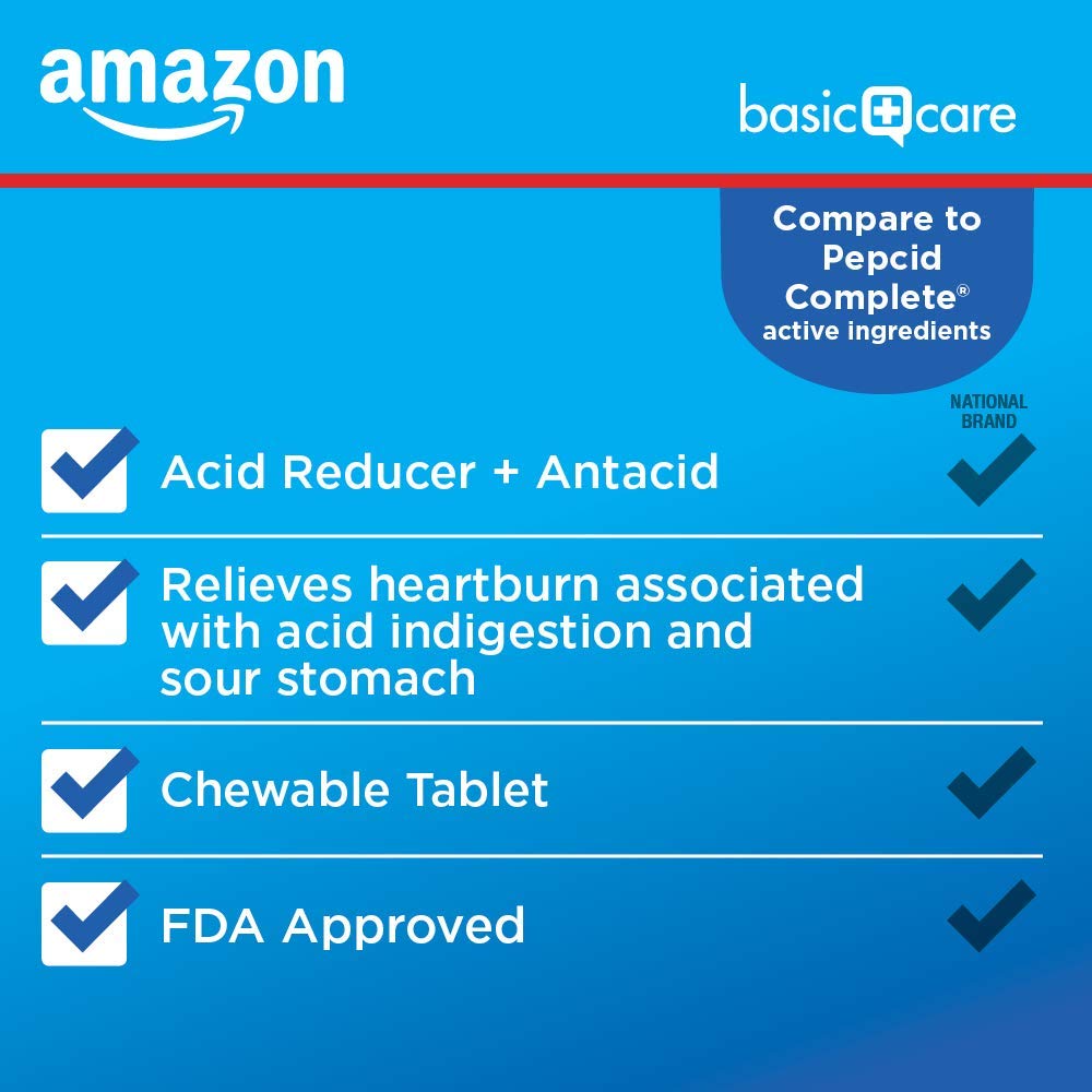 Amazon Basic Care Dual Action Complete, Chewable Acid Reducer Plus Antacid Tablets, Berry Flavor, Heartburn Medicine, Acid Indigestion Relief, 50 Count