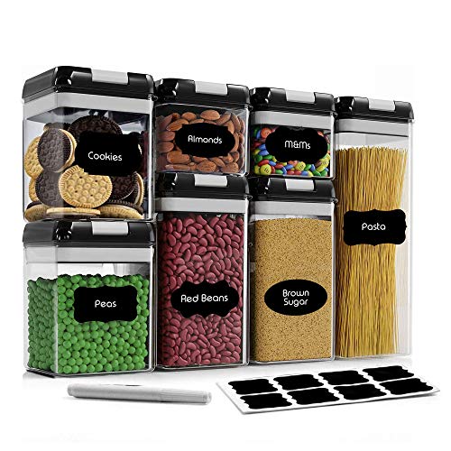 CINEYO Black & White Airtight Food Storage Containers - 7 Piece White Set & 7 Pieces Black Set For Cereal, Flour with Easy Lock Lids Include Labels and Marker