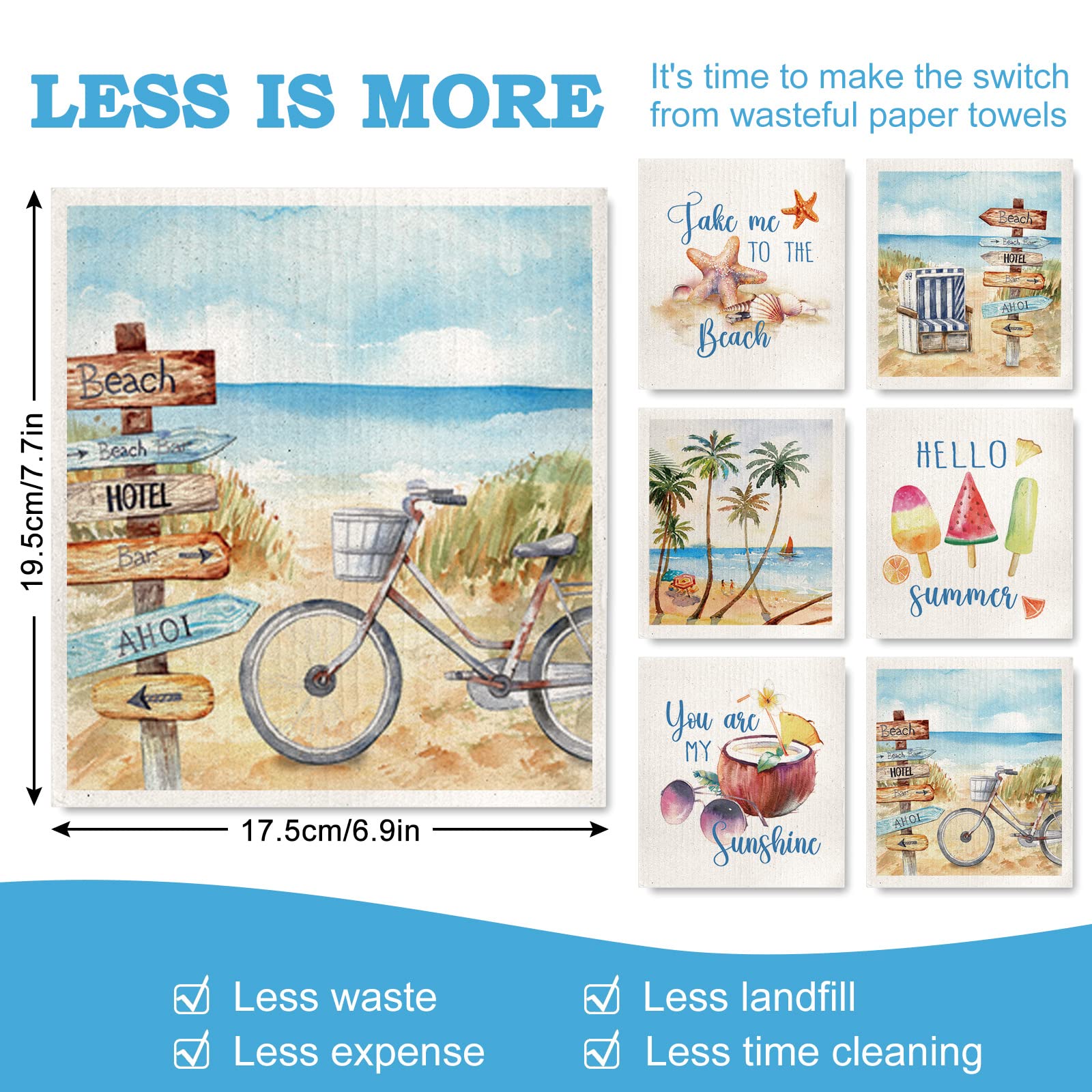 AnyDesign Summer Beach Swedish Kitchen Dishcloth Starfish Coconut Cotton Kitchen Towel You are My Sunshine Beach Life Absorbent Dish Towel for Housewarming Cleaning Wipes, 6Pcs, 7 x 8 Inch