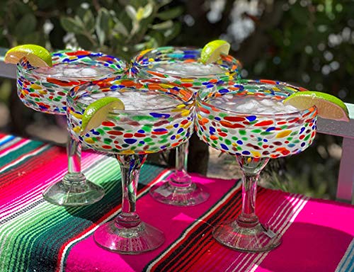 Dos Sueños Mexican Hand Blown Glass – Set of 4 Hand Blown Margarita Glasses Confetti Rock (16 oz) …