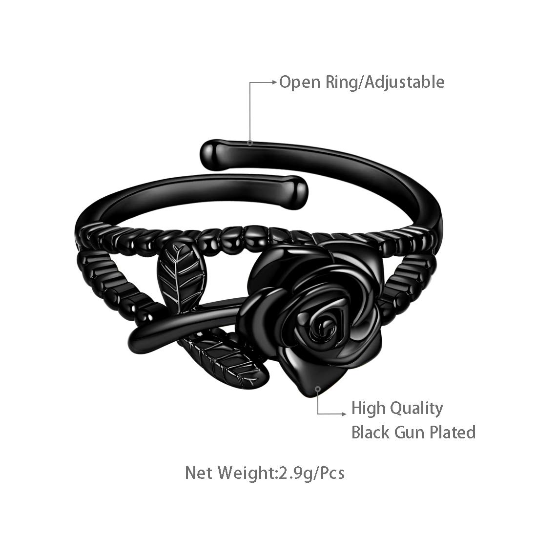beautlace Rose Adjustable Rings Black Gun Plated Flower Open Ring Elegant Jewelry Gifts for Women KR0013K