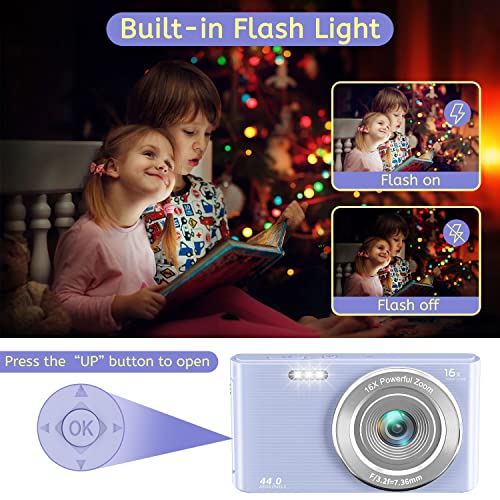 Digital Camera,Kids Camera with 32GB Card 4K 44MP Point and Shoot Camera with 16X Digital Zoom 2.4 Inch,Vlogging Camera for Students Teens Adults Girls Boys-Purple3